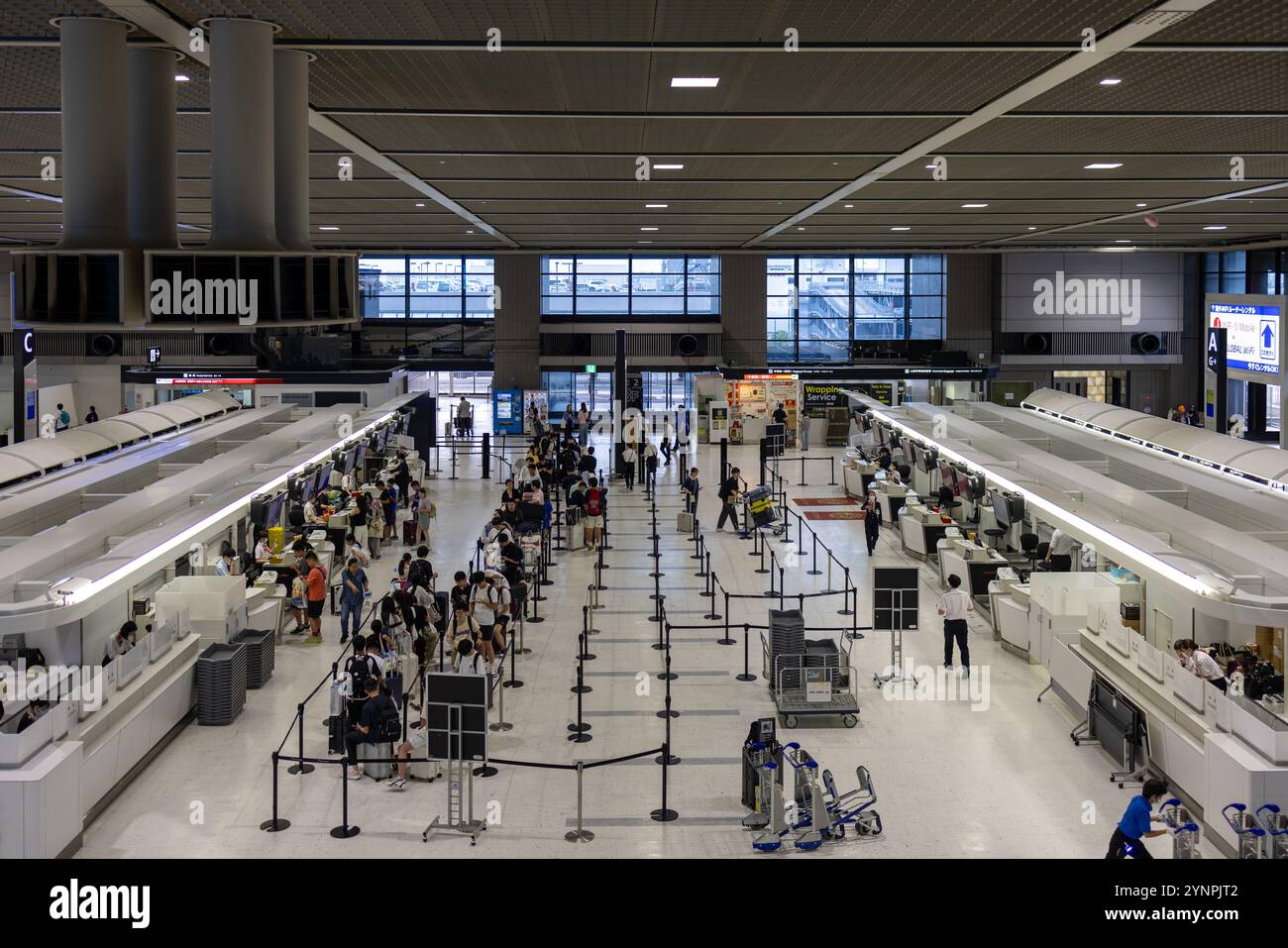 Wide-Angle View of a Busy Airport Terminal with Check-In Counters and ...