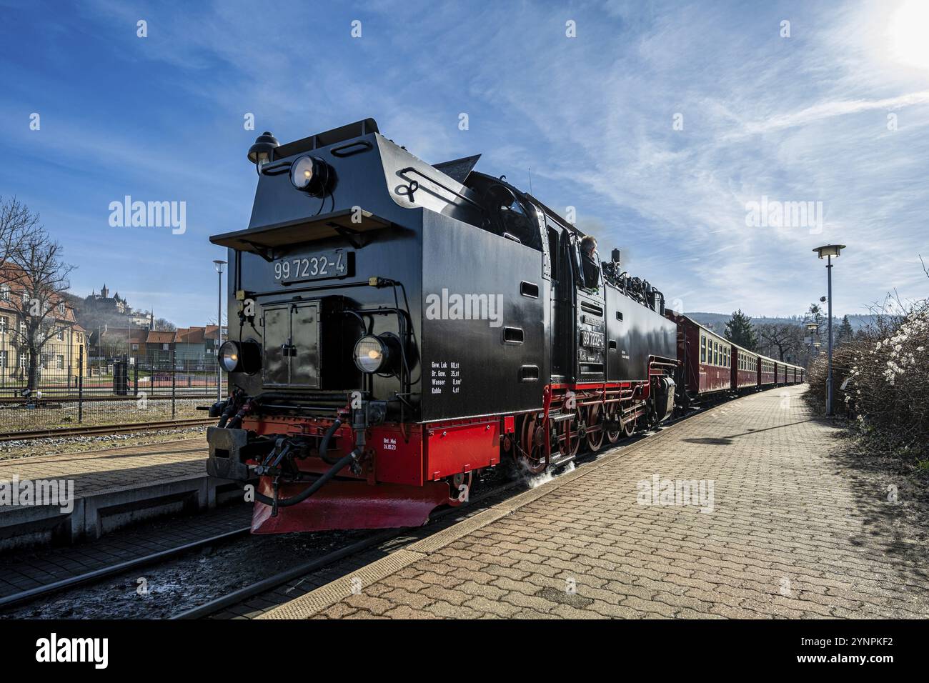 A view of the steam locomotive of the Harz narrow-gauge railroad at the ...