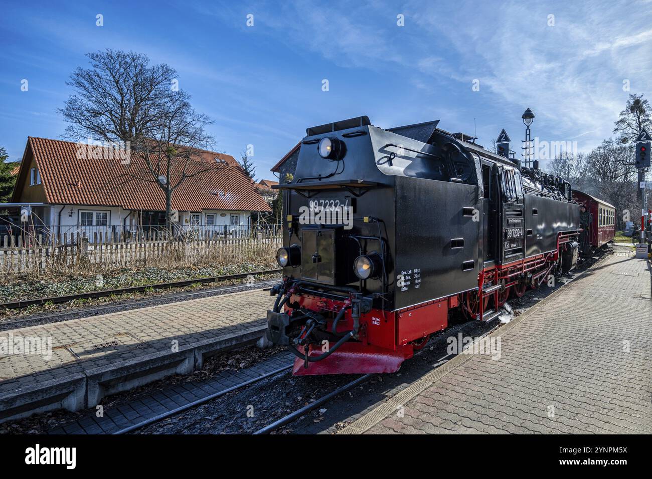 A view of the steam locomotive of the Harz narrow-gauge railroad at the ...