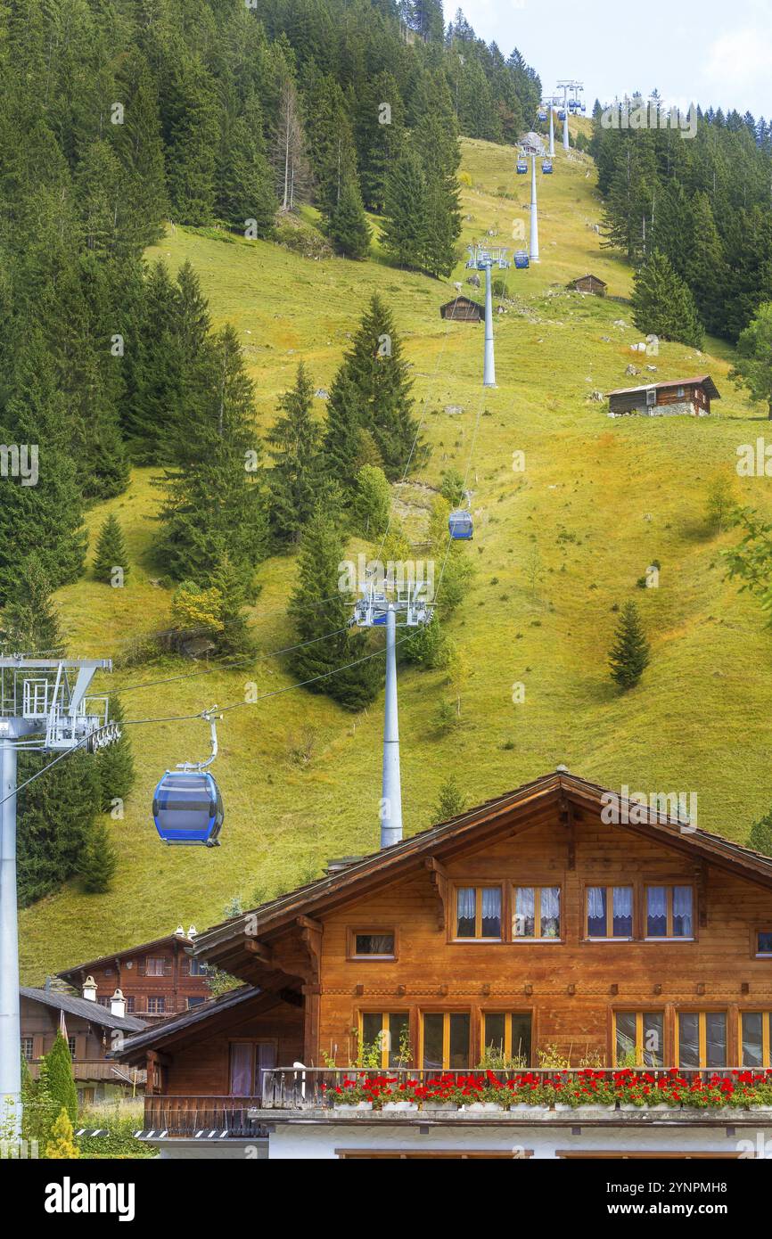 Kandersteg, Switzerland gondola station to Oeschinensee, blue cabins ...