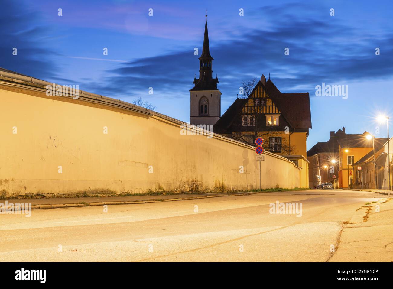 Street lighting, steeple of the parish church of the Nativity of the ...