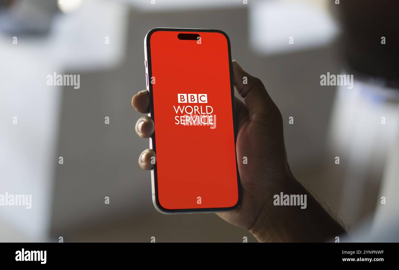 BBC News logo on smartphone screen with breaking news background Stock ...
