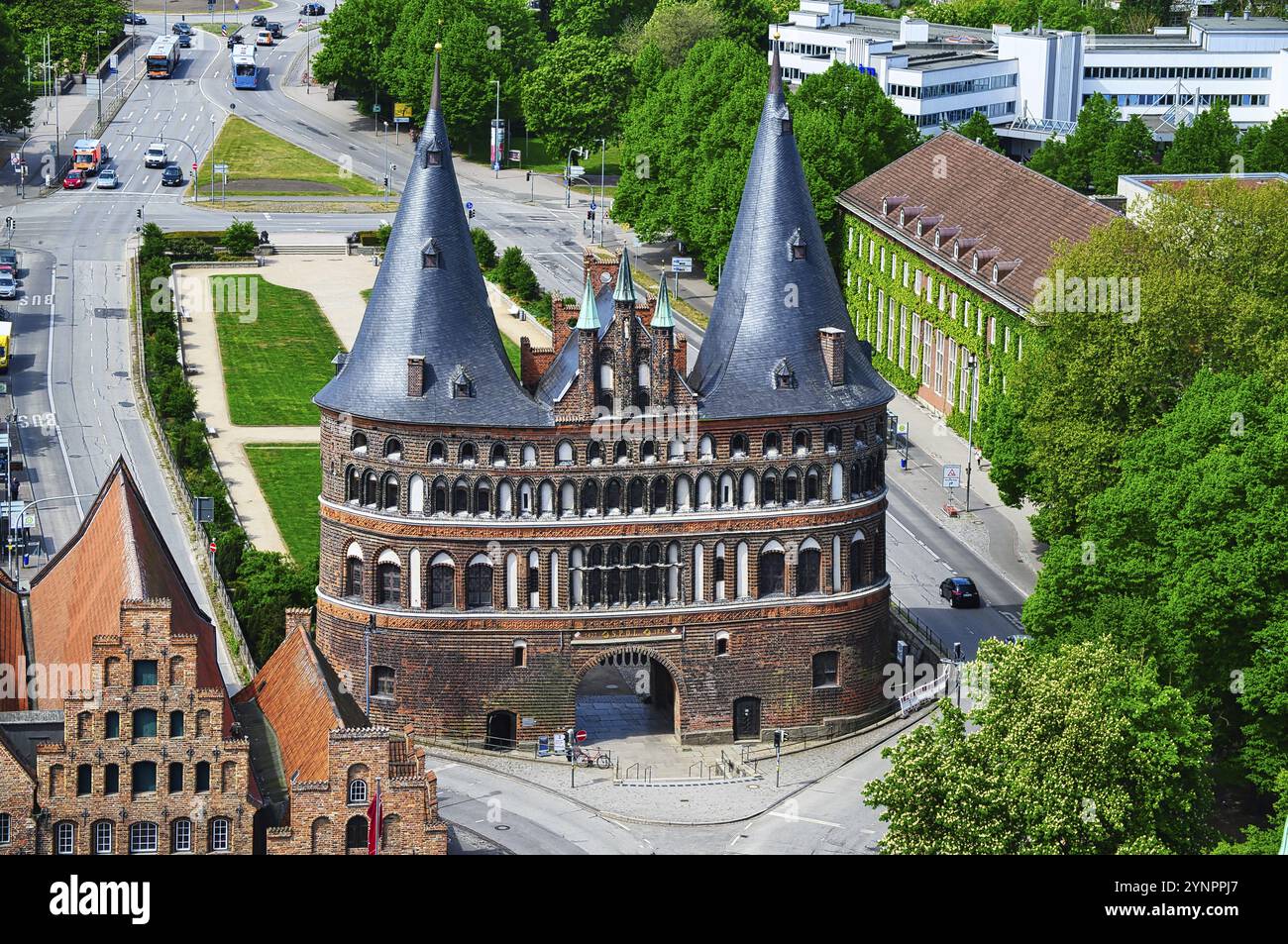 A view of the Holsten Gate in Luebeck from the top of a church tower ...