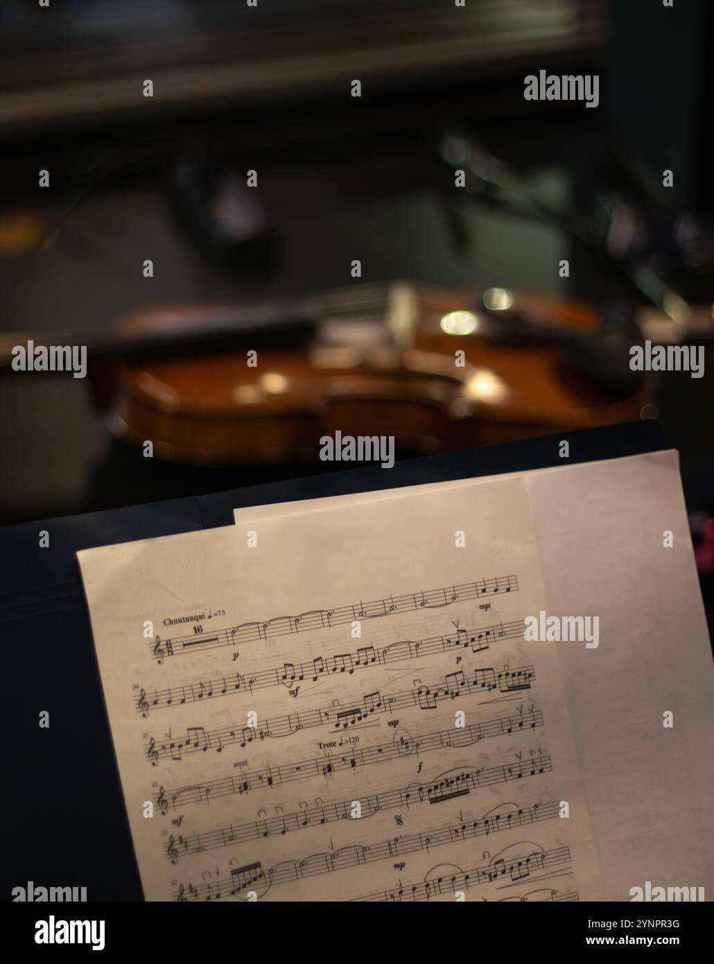 musical score with a violin in the background - recording studio Stock ...
