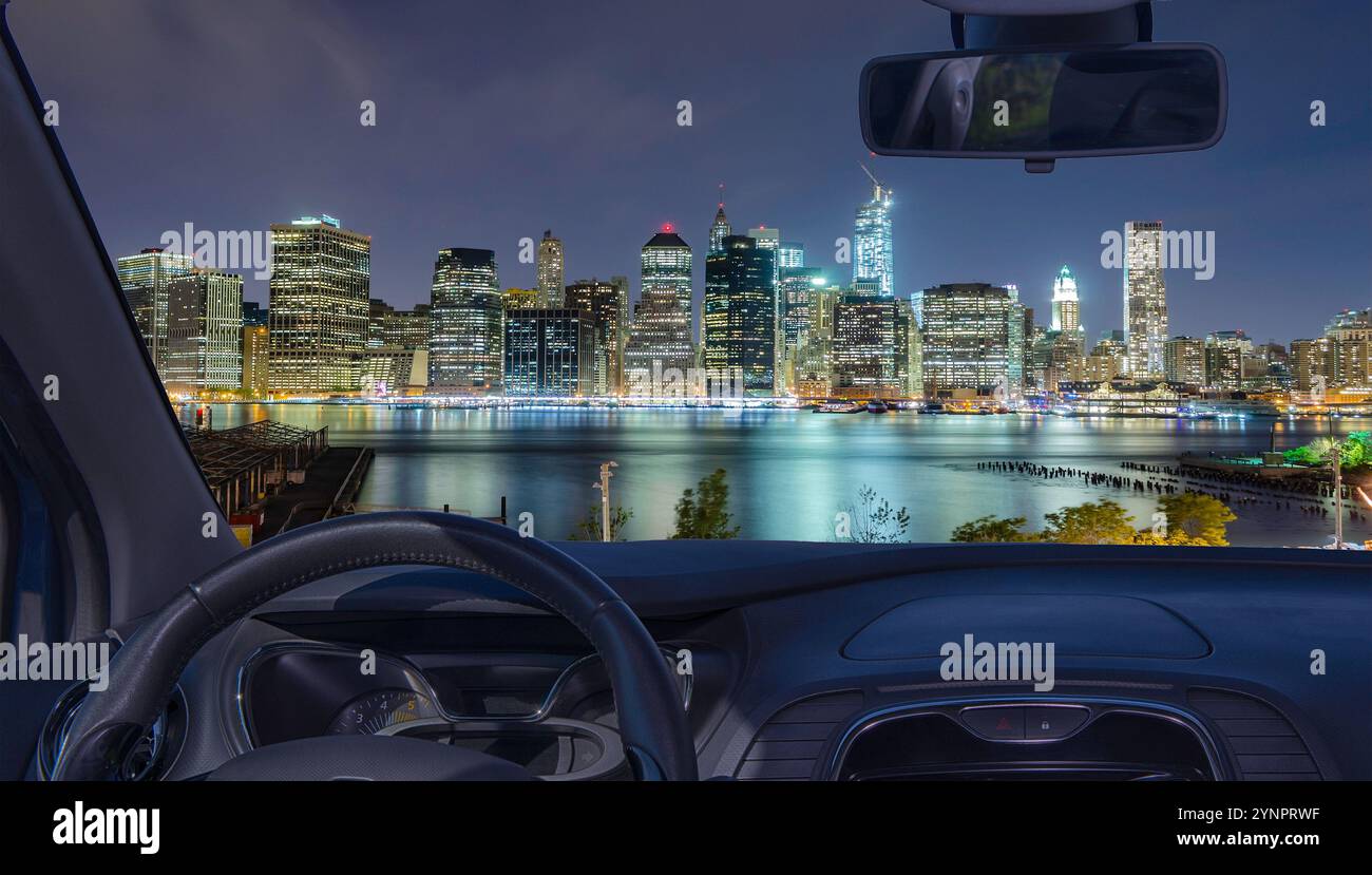 Looking through a car windshield with view of Manhattan skyline at ...