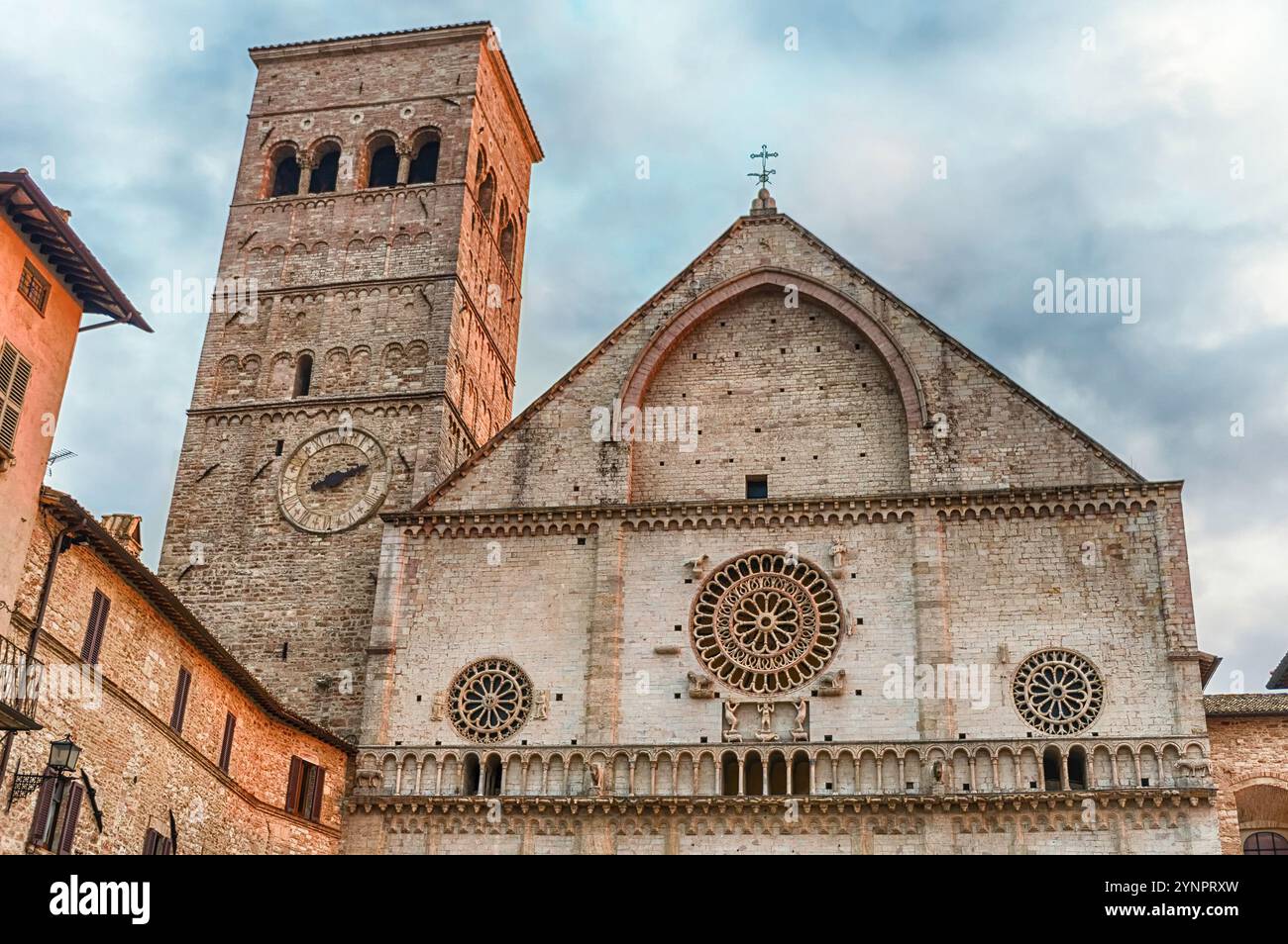 Exterior view with facade of the medieval Cathedral of Assisi, Italy ...