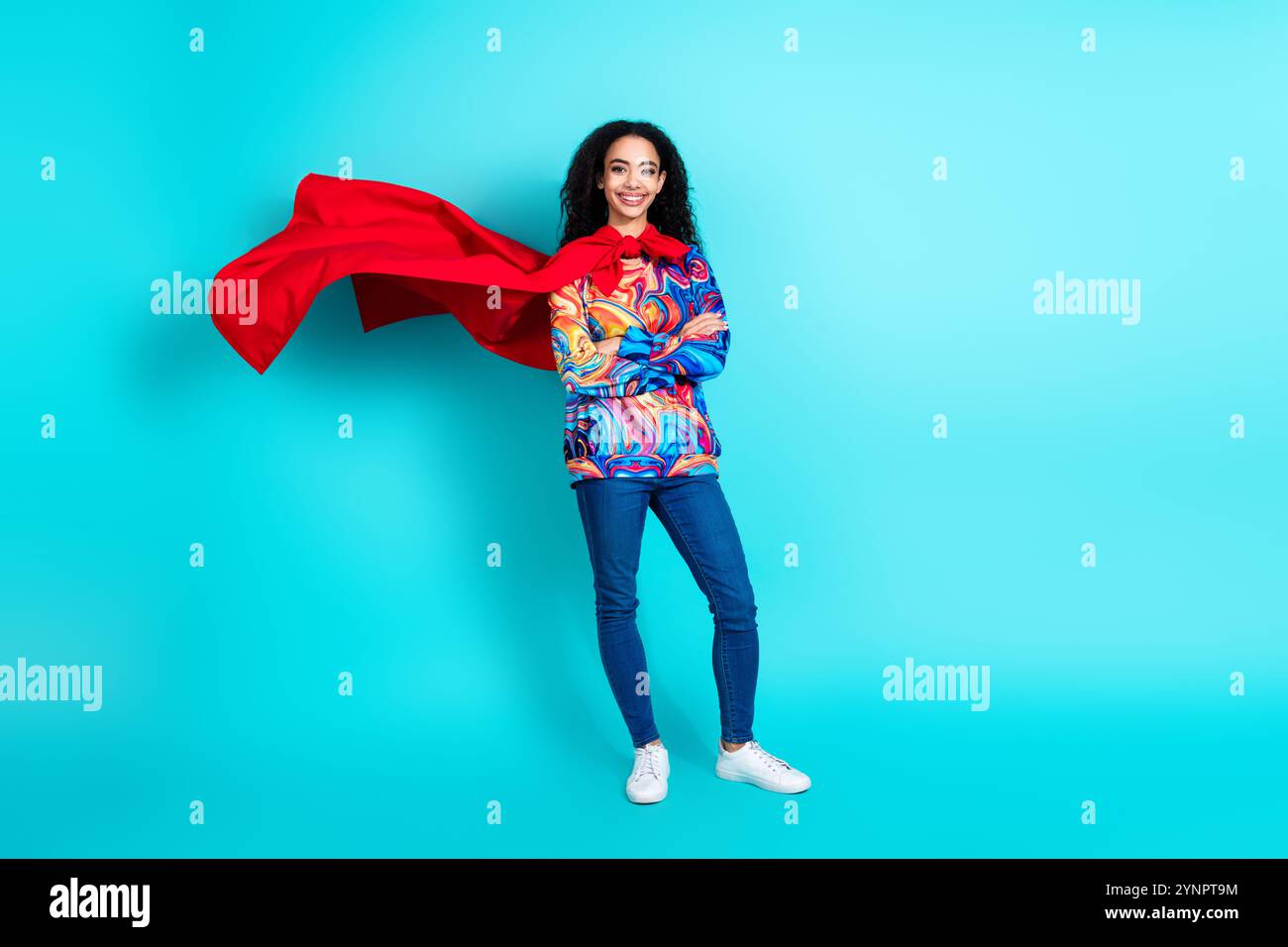 Full body portrait of nice young girl superhero costume empty space ...