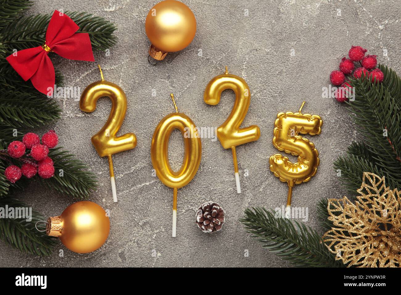 Merry Christmas and Happy New Year 2025. Golden candles numbers 2025 ...