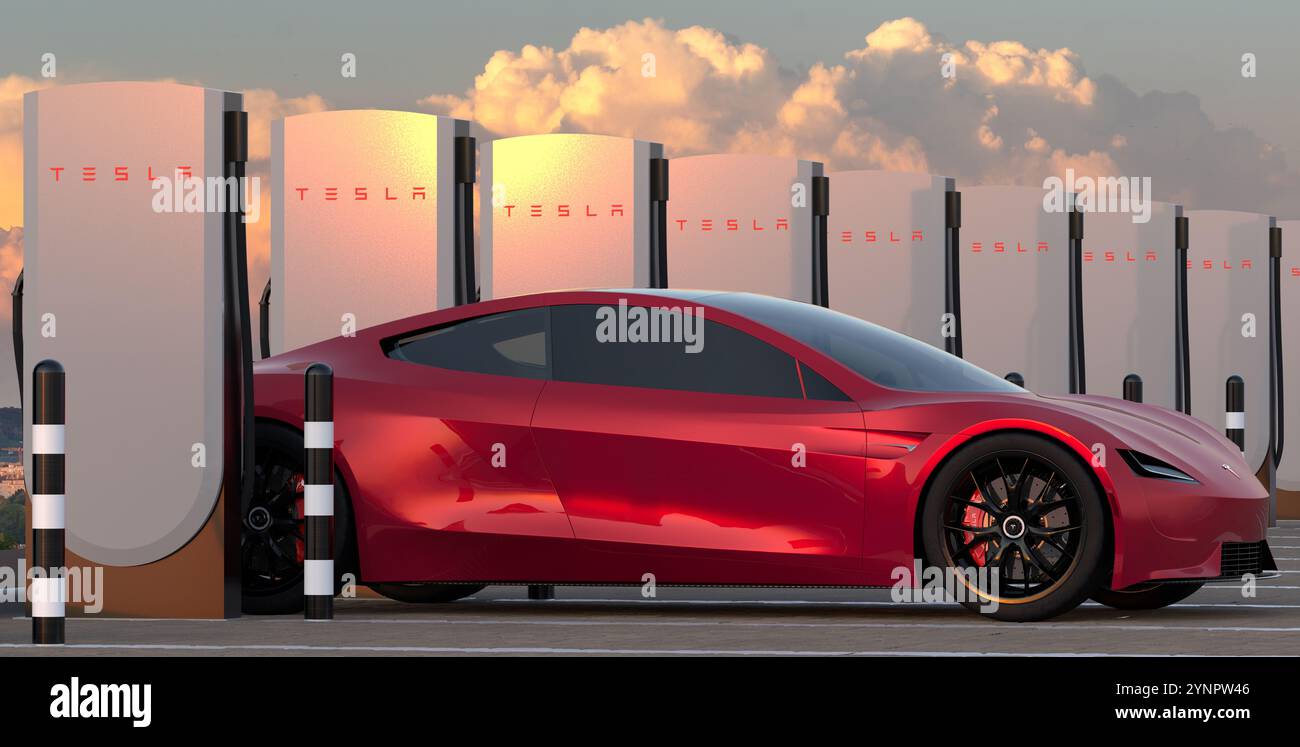 Tesla Roadster at the charging station Stock Photo - Alamy