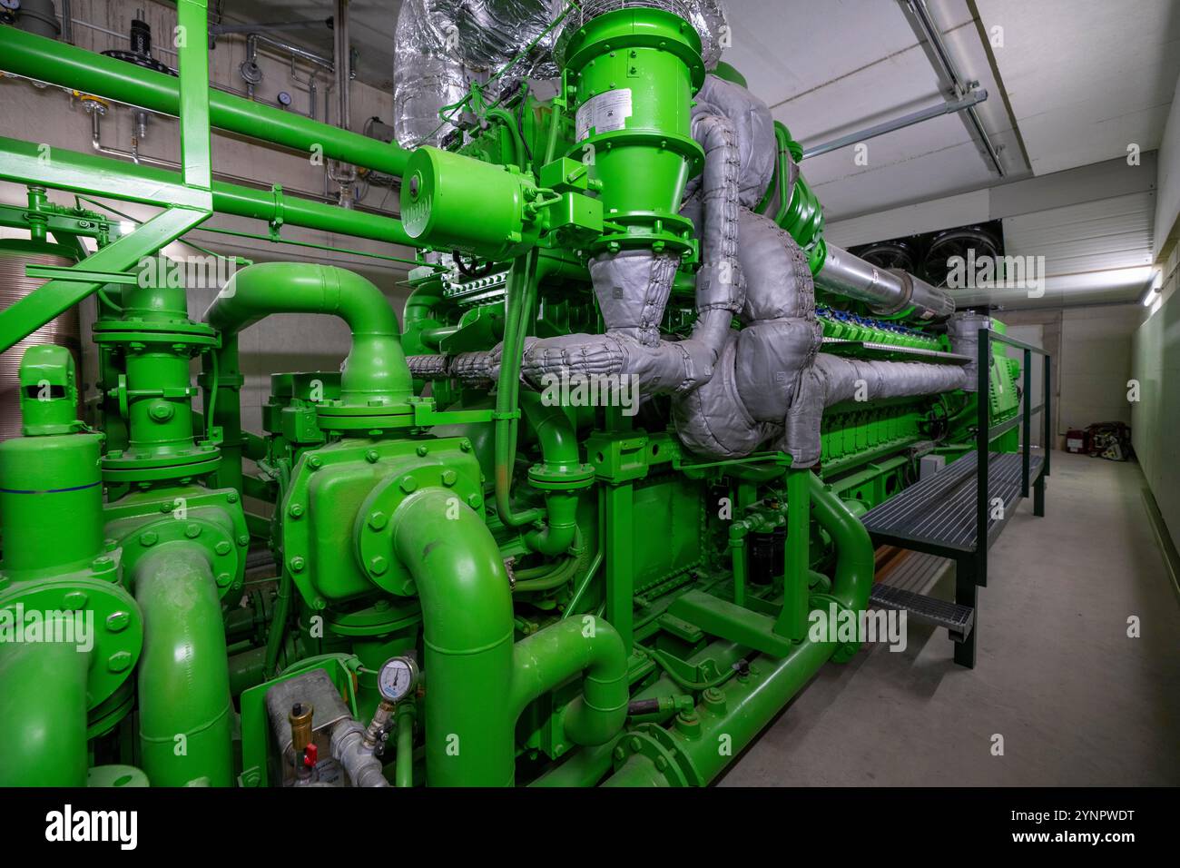 Biogas plant, gas-powered engine for electricity production, generator ...
