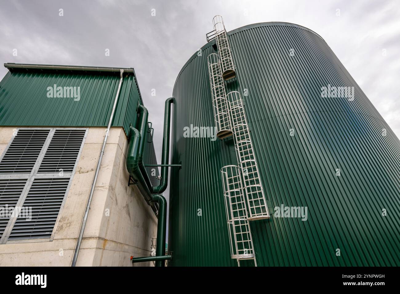Biogas plant, with hot water storage tank, the gas is produced from ...