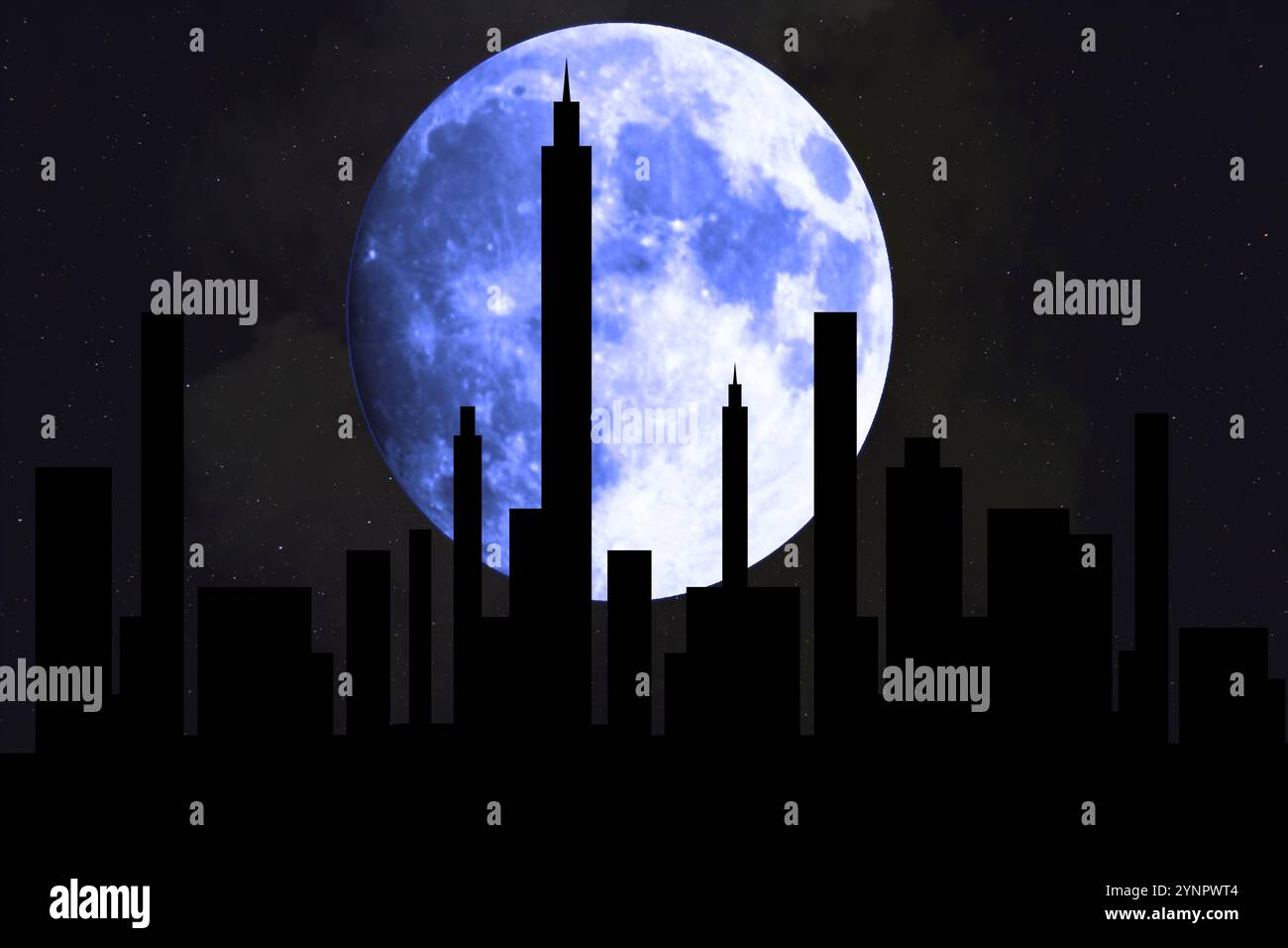 The full moon over the city illuminates the skyscrapers at night Stock ...