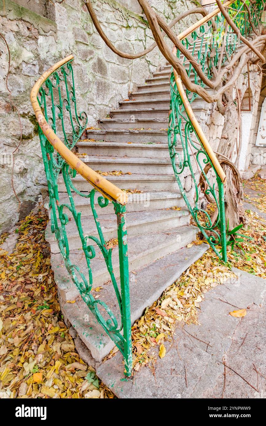 old street staircase with railings and autumn fallen leaves Stock Photo ...