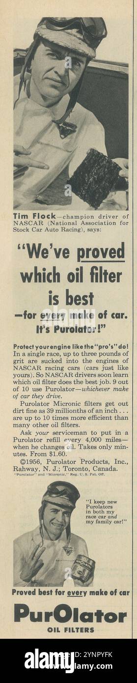 1956 Purolator Oil Filter Ad with Tim Flock champion driver of NASCAR ...