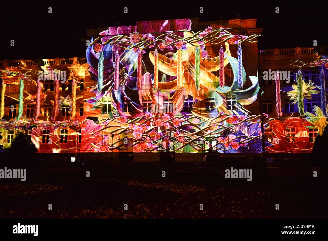 Light installation at Mimara Museum building. Zagreb Festival of Lights ...