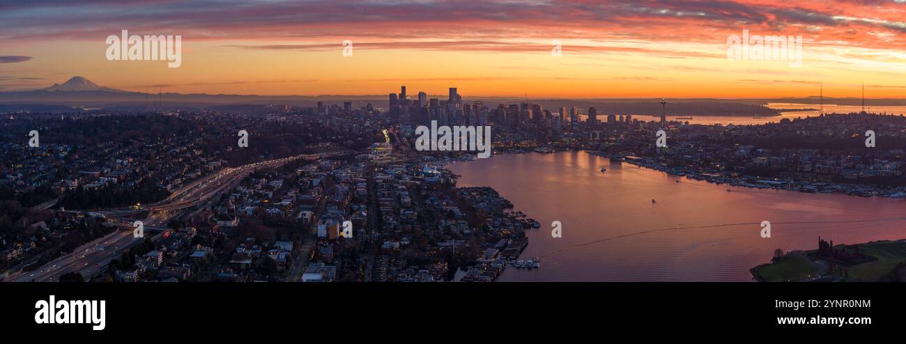 Aerial Eastlake Seattle Lake Union Downtown and Mount Rainier Stock ...