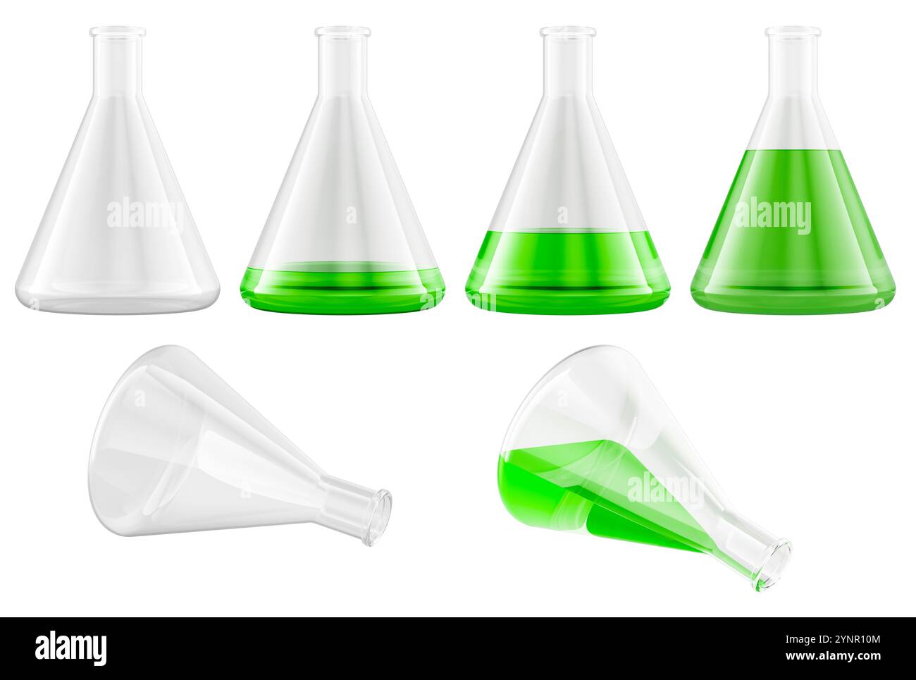 Set of Conical Flasks, empty and with green liquid. Chemistry ...