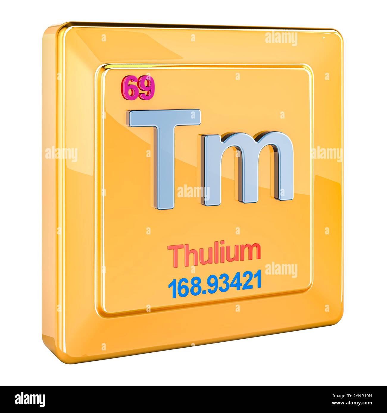 Thulium Tm, chemical element sign with number 69 in periodic table. 3D ...