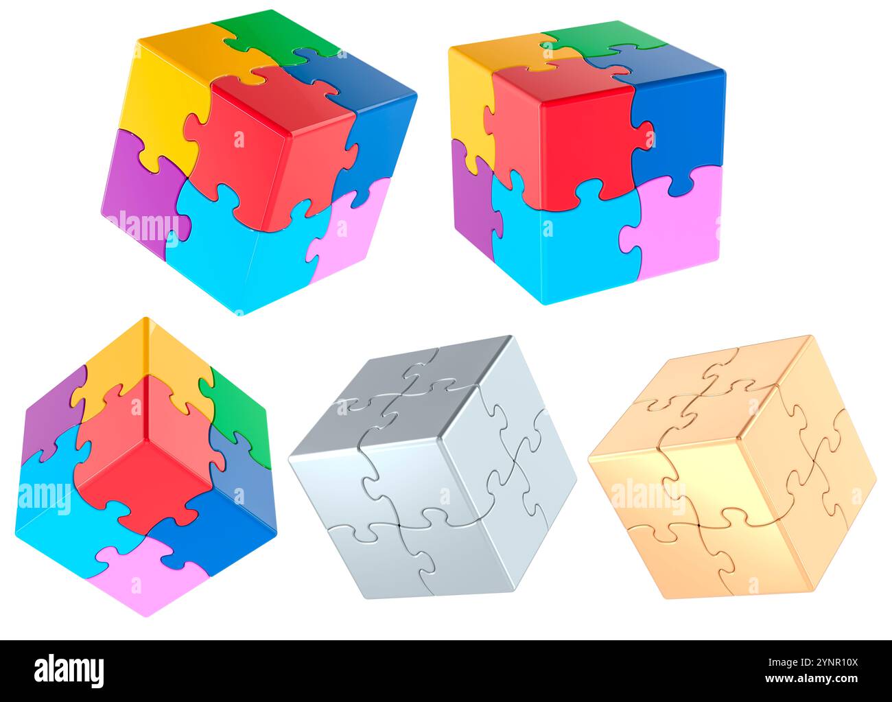 Cubes from puzzles. Colored, golden and metallic. 3D rendering isolated ...