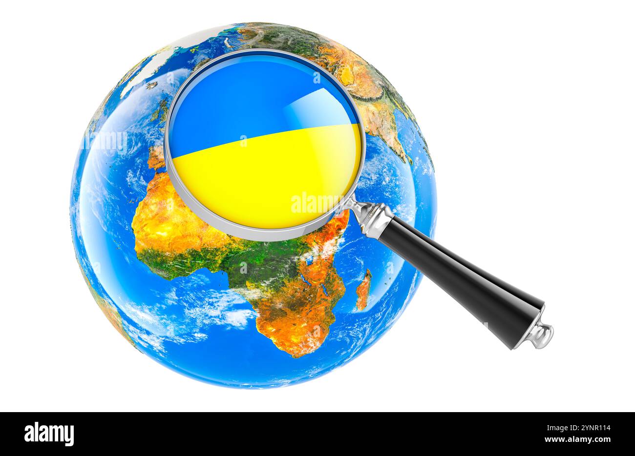 Ukrainian flag under magnifying glass with Earth Globe, 3D rendering ...