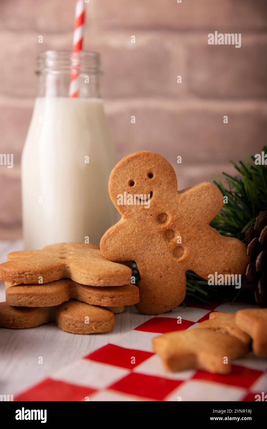 Gingerbread man cookies and milk, traditionally made at Christmas and ...
