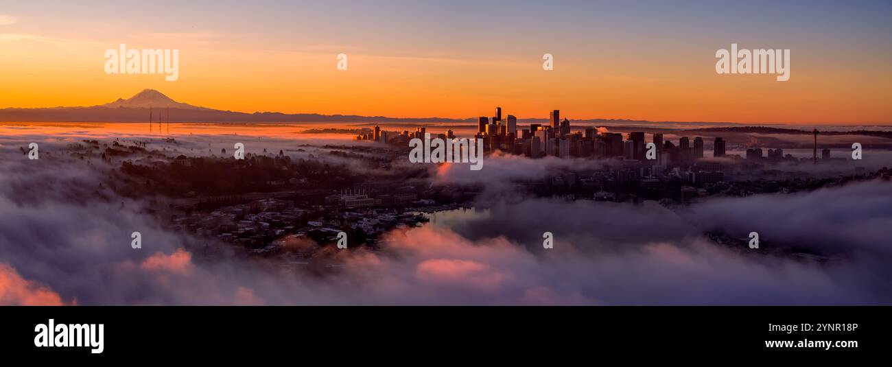 Aerial Seattle Sunrise Clouds and Mount Rainier Stock Photo - Alamy