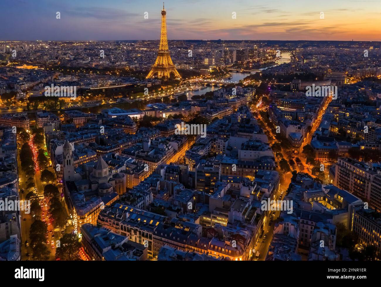 Aerial Paris Night Boulevards to the Eiffel Tower Stock Photo - Alamy