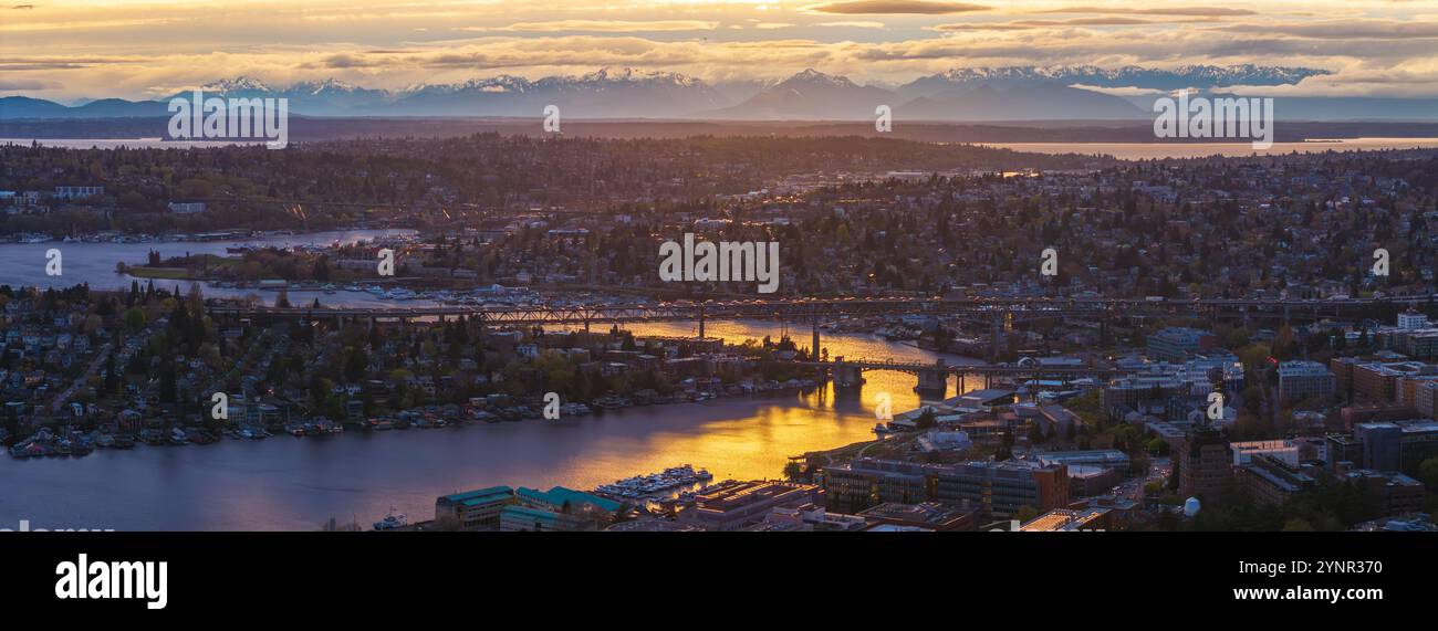 Aerial Seattle Lake Washington Ship Canal and Bridges Sunset Stock ...