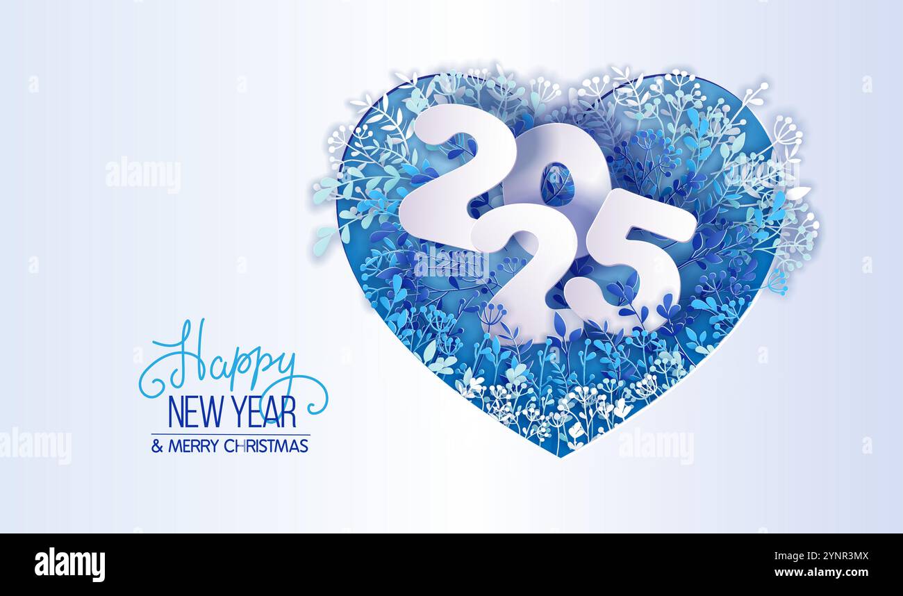 New year 2025 card. Numbers 2025 around winter plants blue color. Paper ...