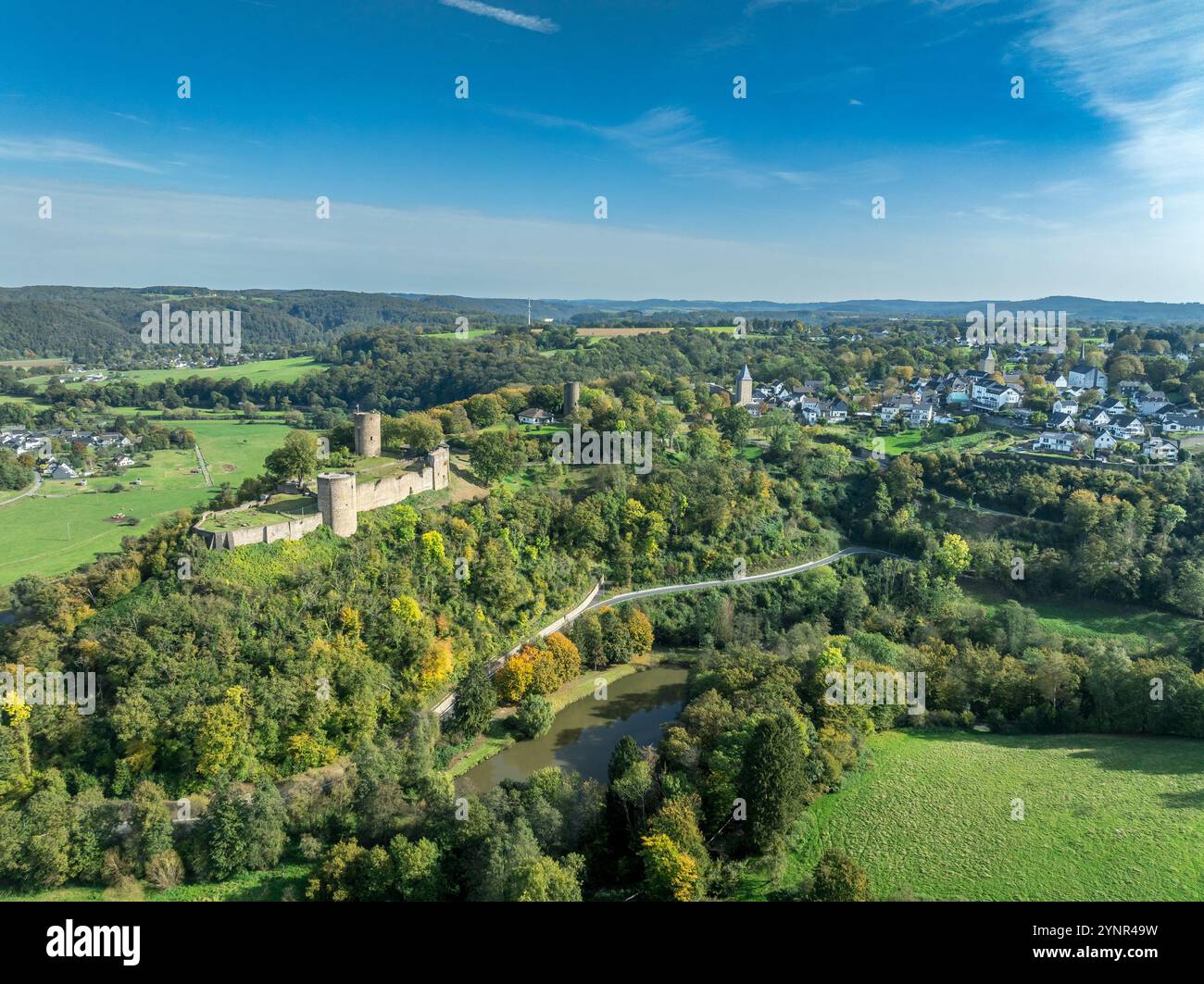 Aerial view of Stad Blankentberg castle, and walled medieval village ...