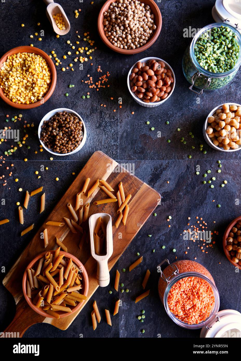 Selection of dried and canned legumes, and pasta made from legumes for ...
