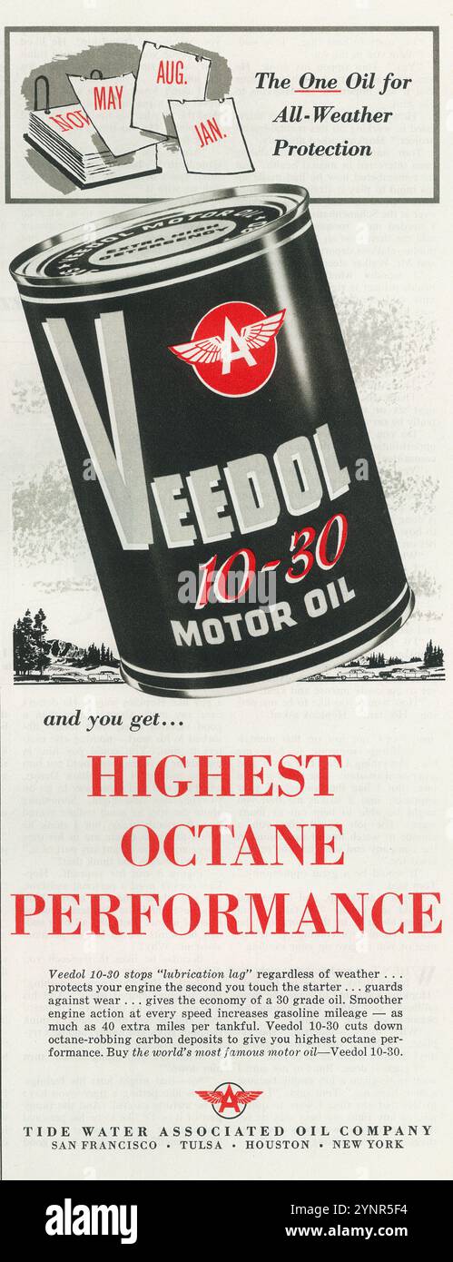 1955 Veedol motor oil ad - Highest octane performance Stock Photo - Alamy