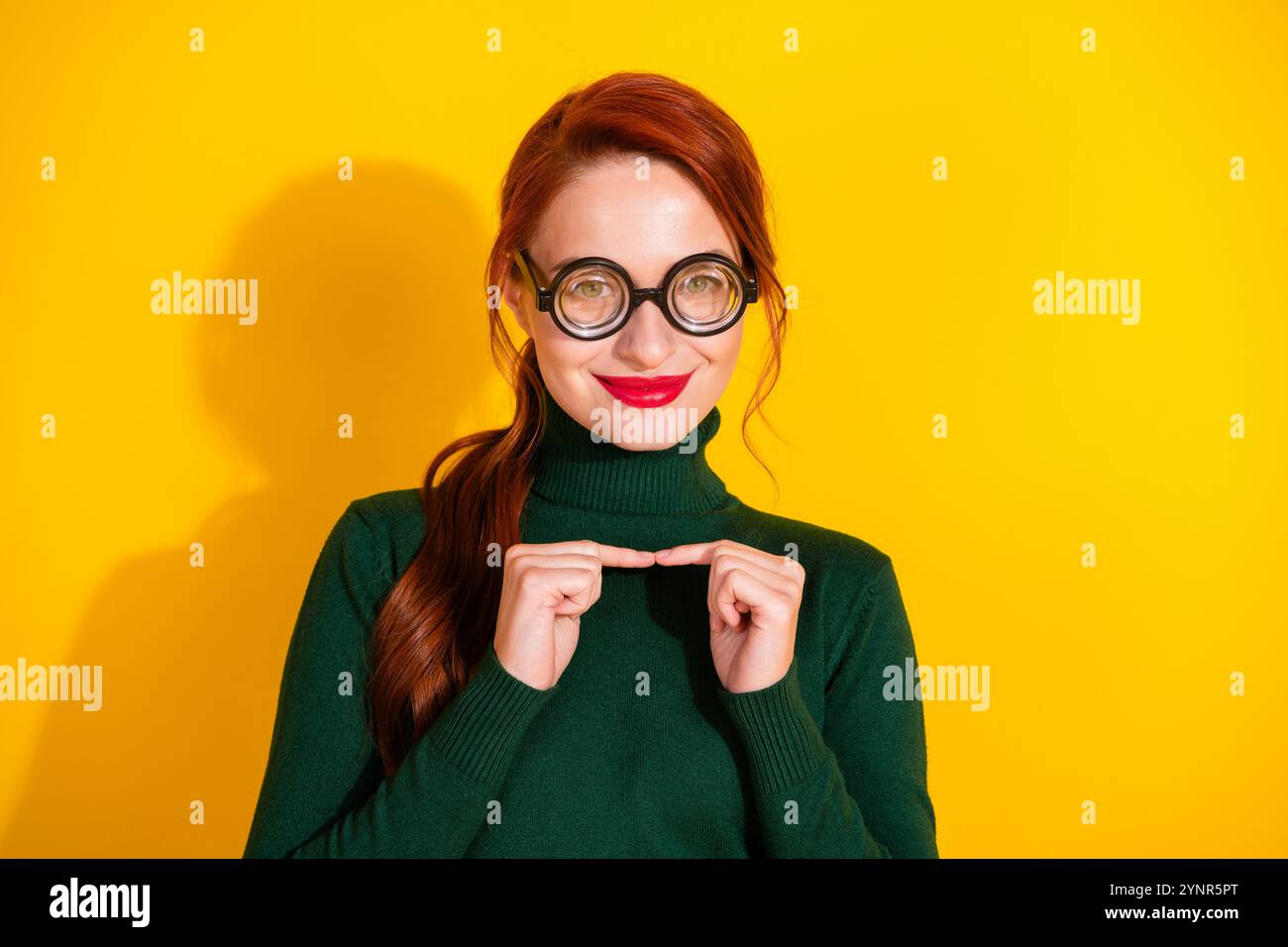 Photo of smart clever lady dressed green jumper nerd eyeglasses feeling ...