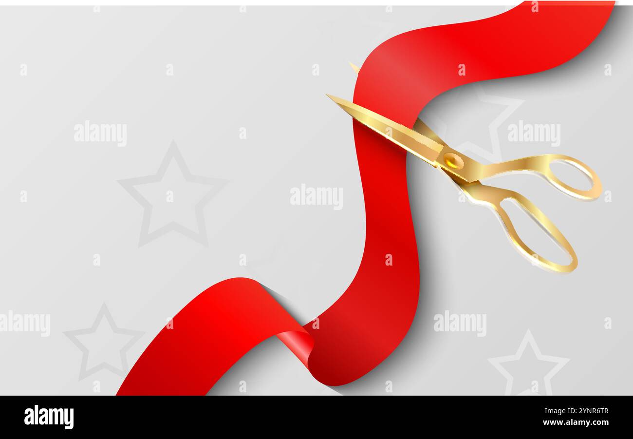 Red ribbon cutting with scissors on banner background template. Vector ...