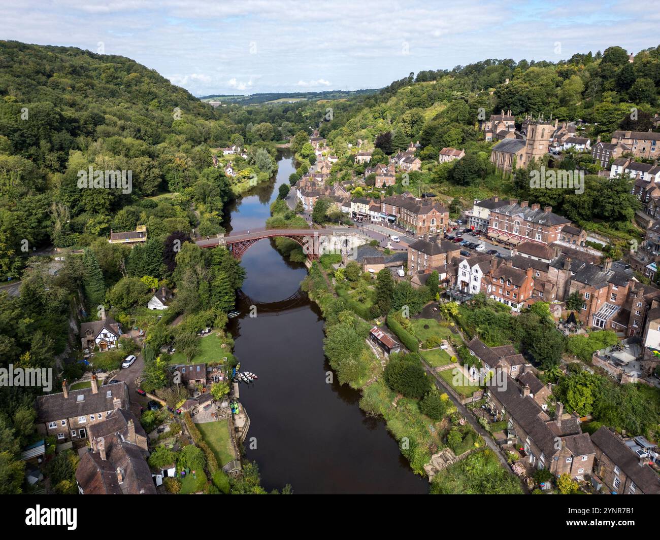 Aerial view of the iron bridge on the River Severn, Ironbridge ...