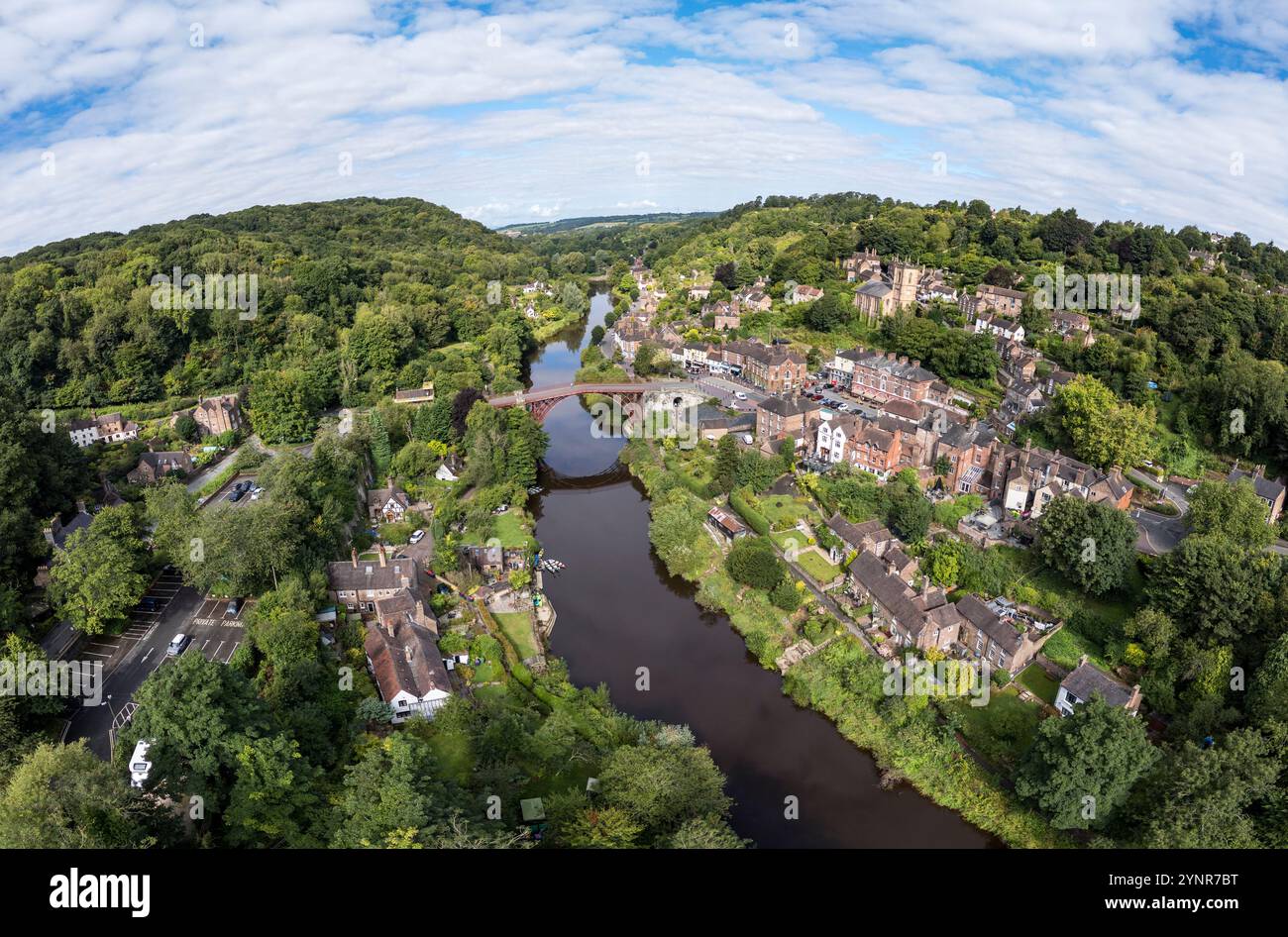 Aerial wide angle view of the iron bridge on the River Severn ...