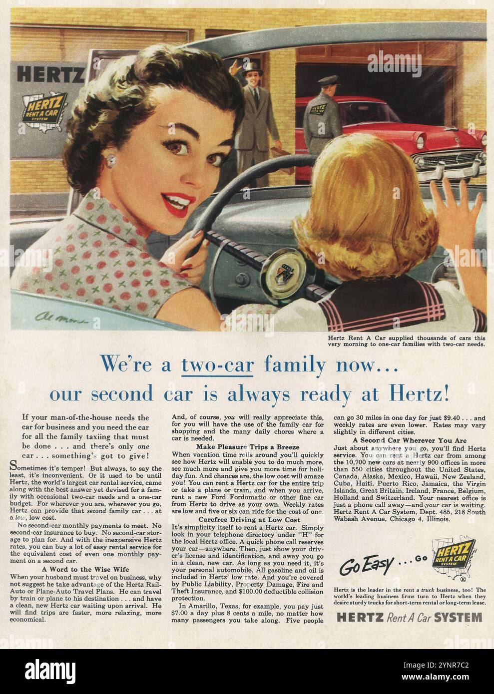 1955 Hertz Rent-A-Car System Two-Car Family Ad with Al Moore artwork ...