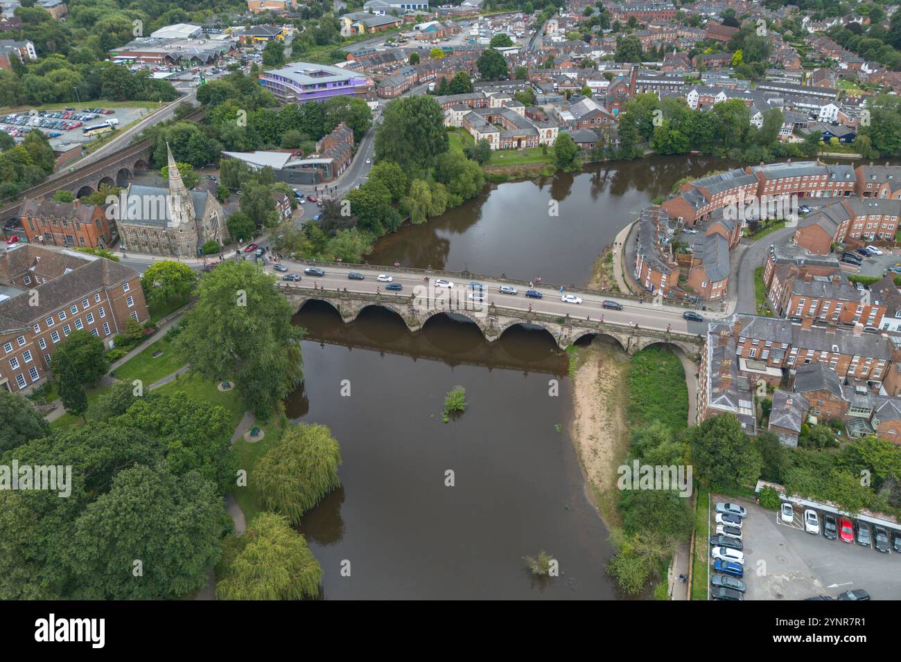 Aerial view of English Bridge on the River Severn, Shrewsbury ...