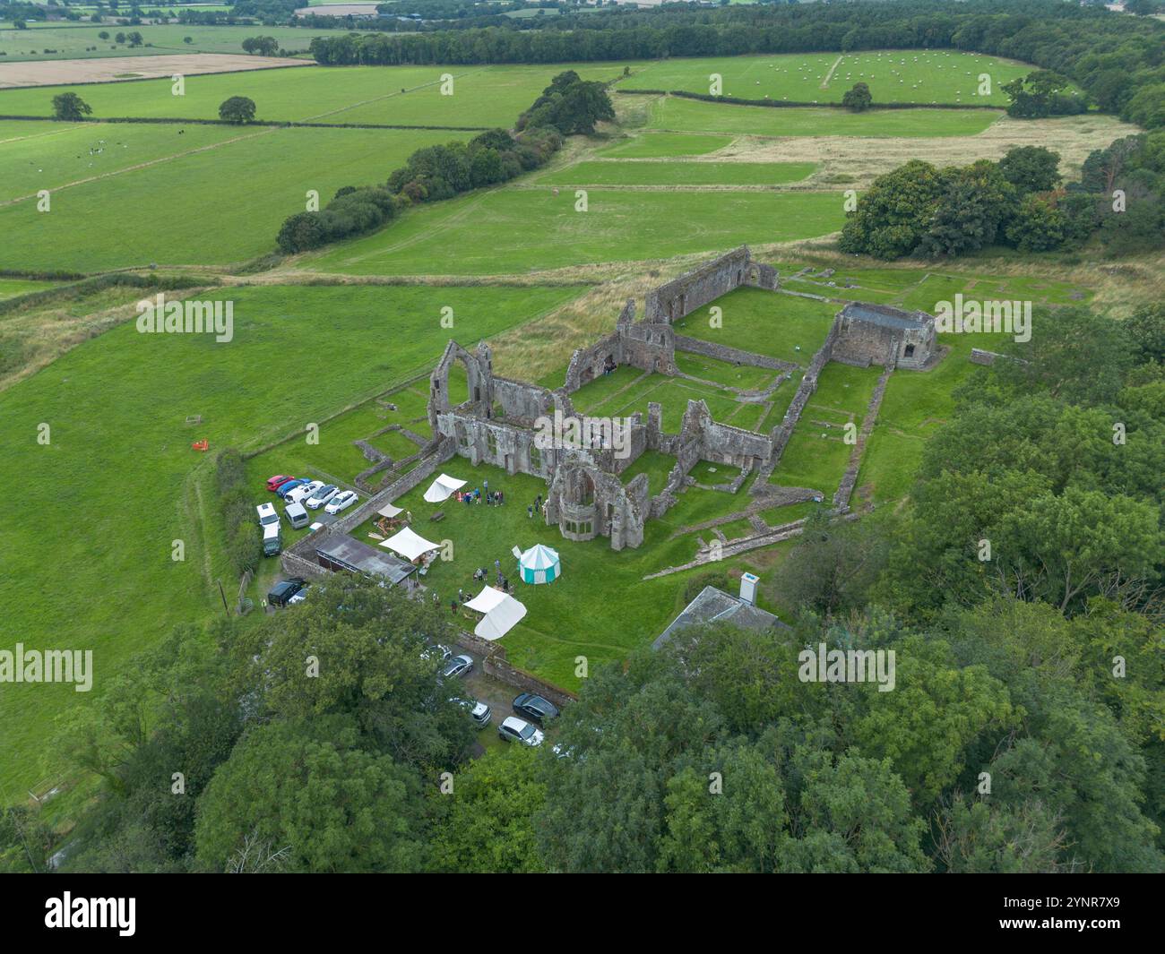 Aerial view of Haughmond Abbey, a ruined, medieval, Augustinian ...