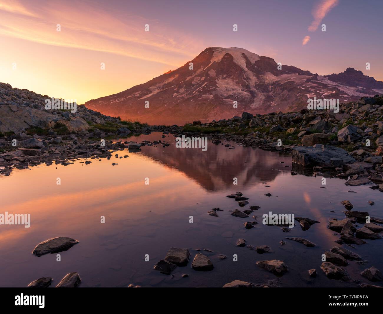 Mount Rainier Reflection at Sunset Stock Photo - Alamy