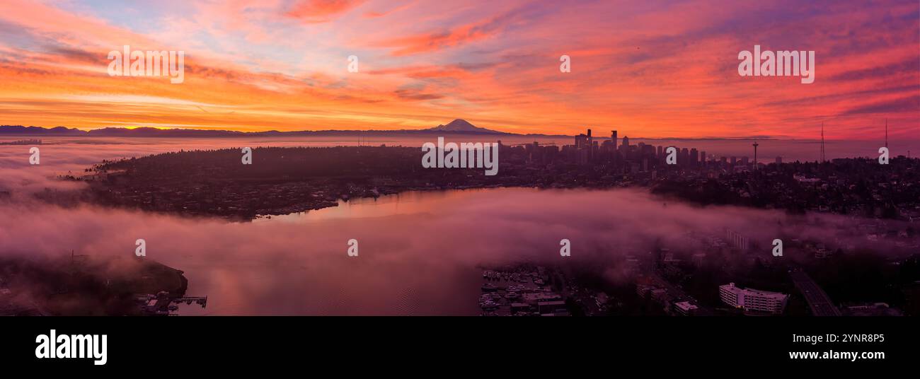 Aerial Panorama Sunrise Seattle and Mount Rainier Stock Photo - Alamy