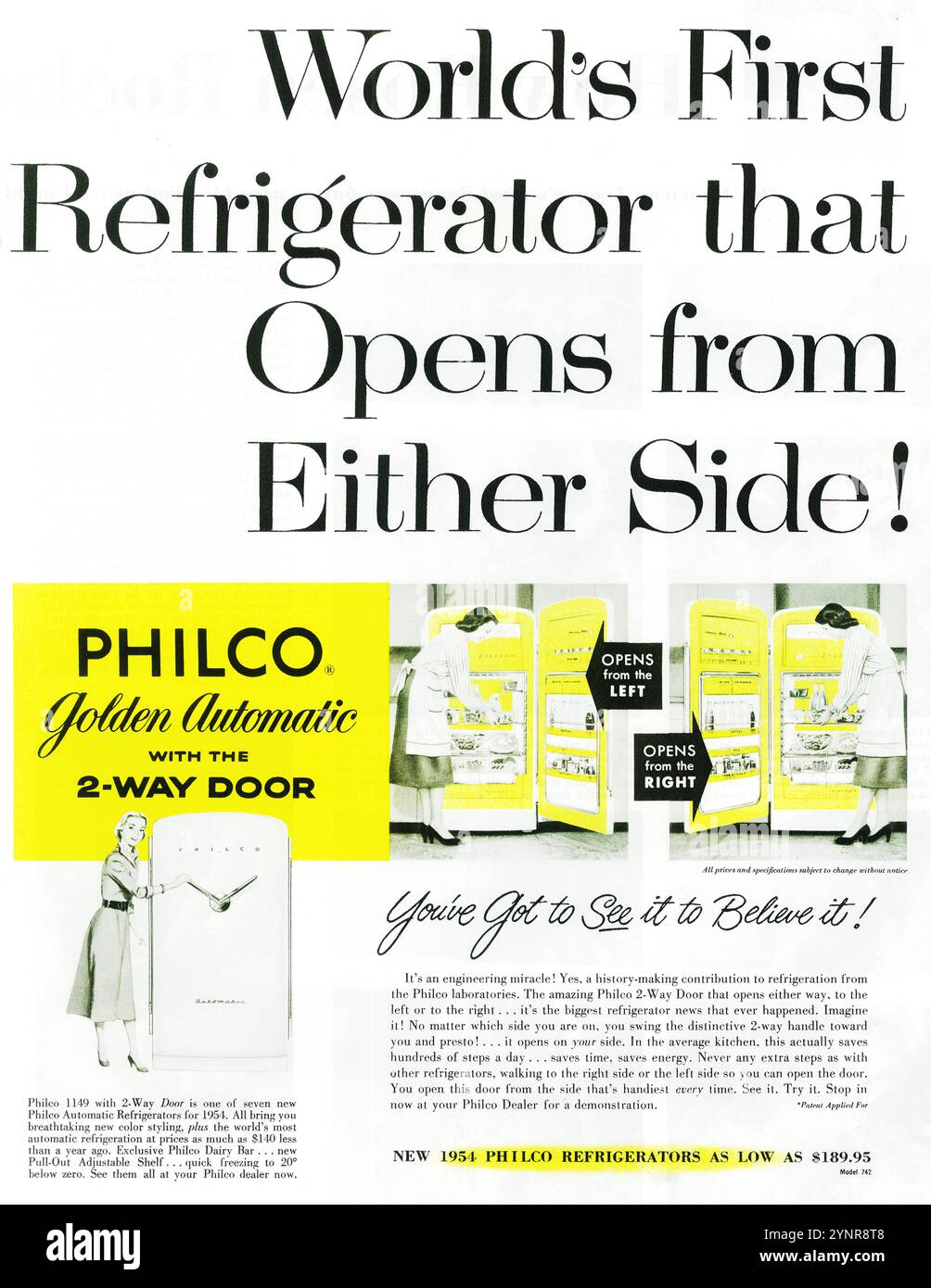 1954 PHILCO Golden Automatic 2-way door refrigerator ad - "World's ...