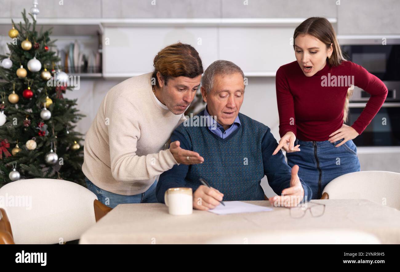 Adult children argue with each other and show their mature father how ...