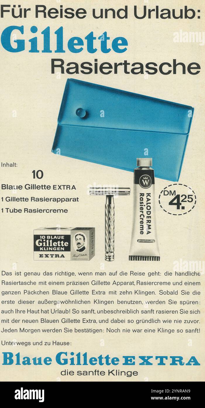1961 Gillette Blue (Blaue Gillette extra ) shaving kit ad in a German ...