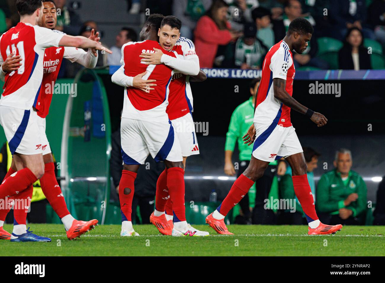 Players of Arsenal seen celebrating after goal from Gabriel Martinelli ...