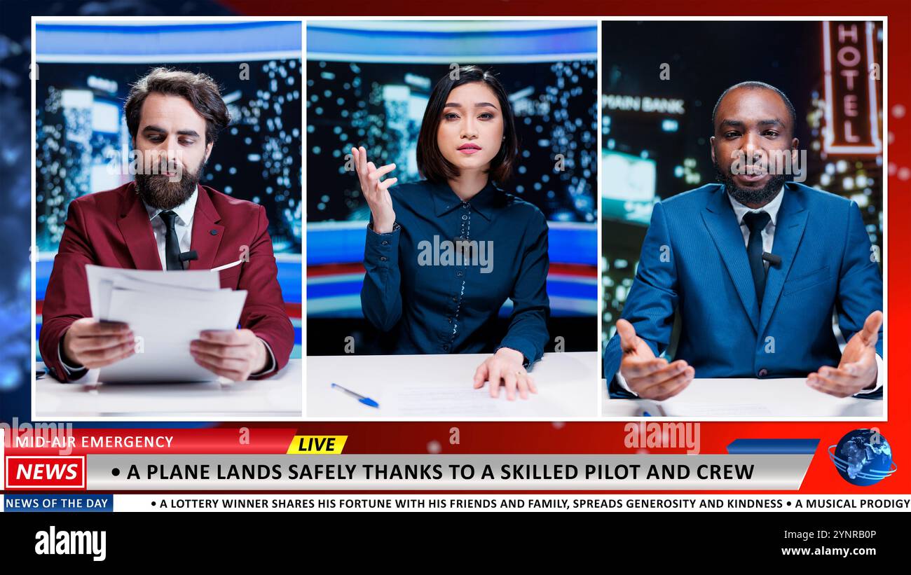 Journalists team covering latest events, discussing about plane ...