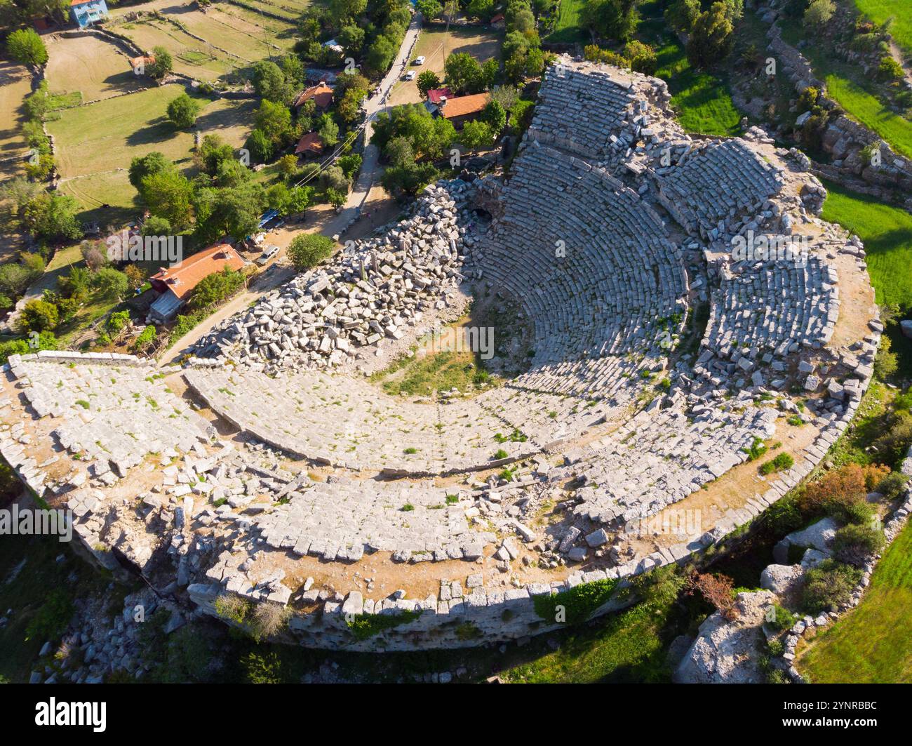 Aerial view of remains of Roman theater of ancient city of Selge ...