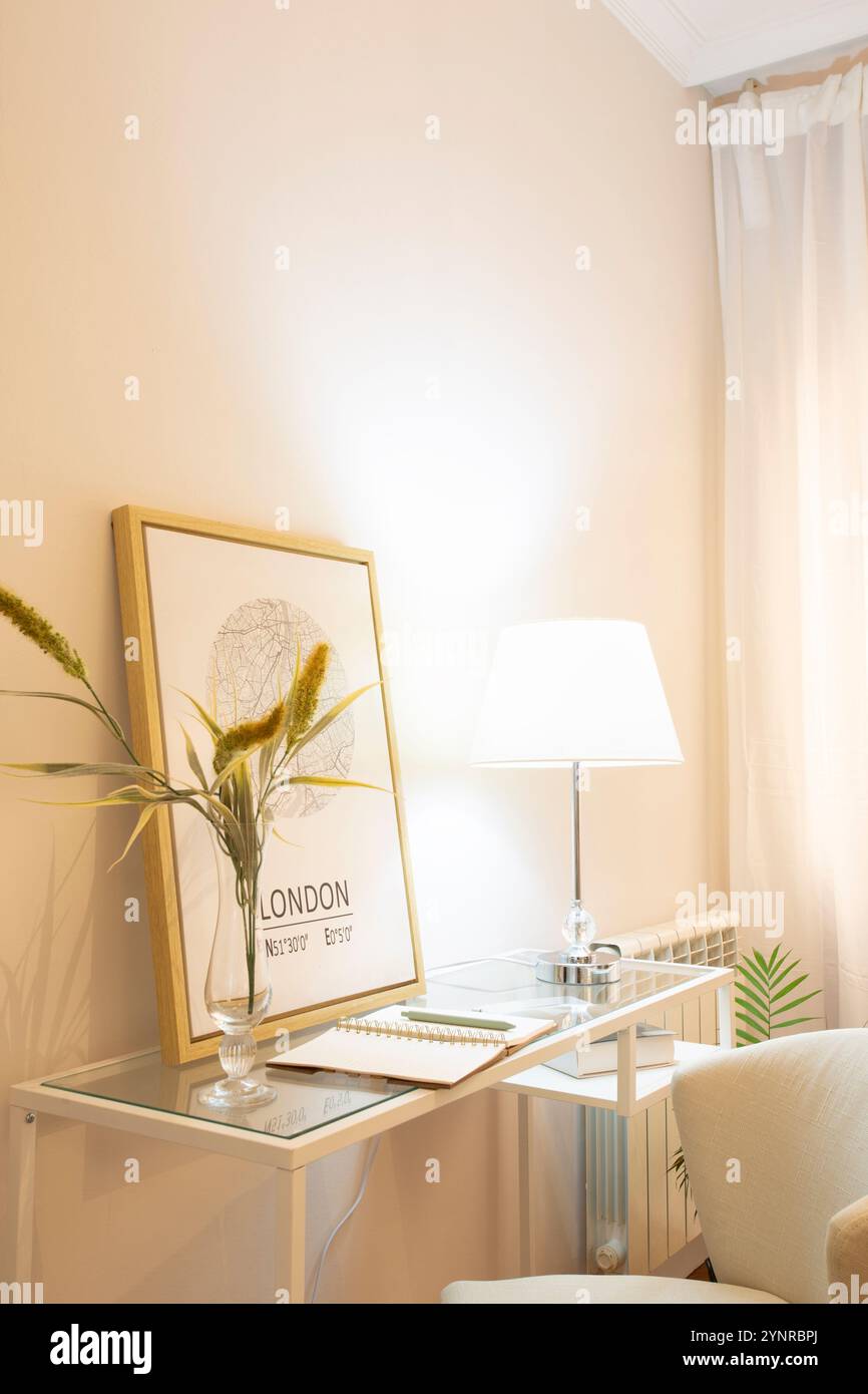 White metal and rectangular glass desk with white fabric chair hi-res ...