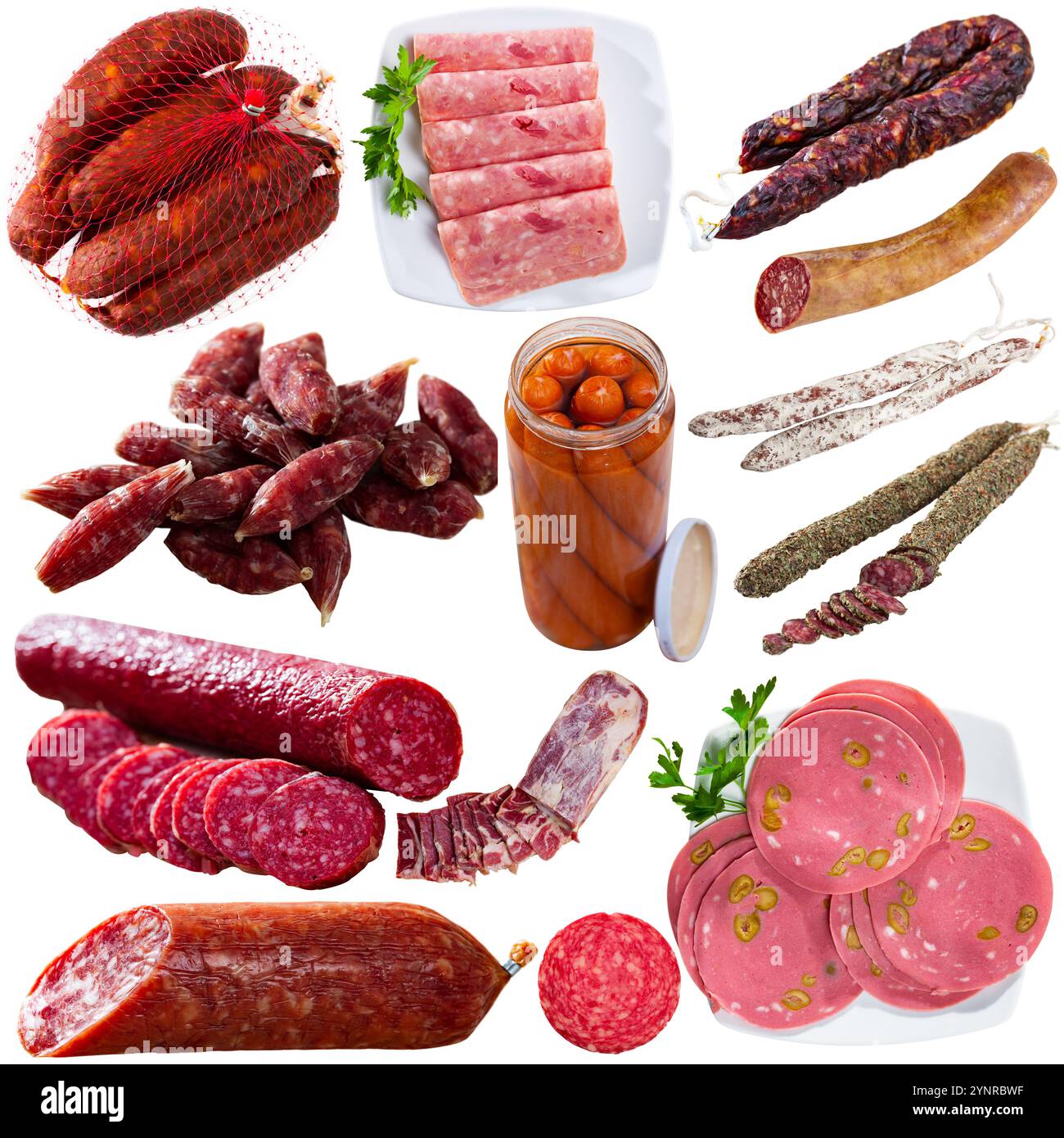Collection of meat products isolated on white Stock Photo - Alamy
