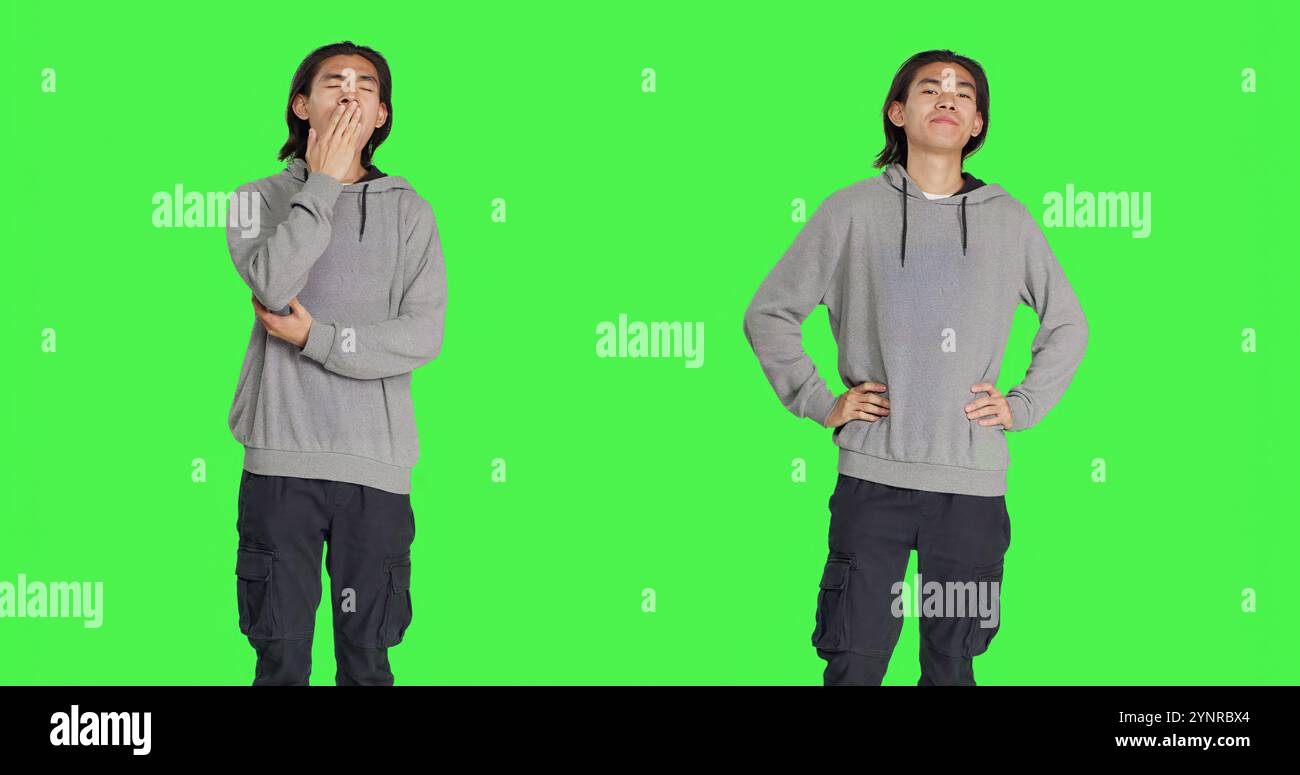 Male model feeling tired and yawning after not getting enough sleep ...